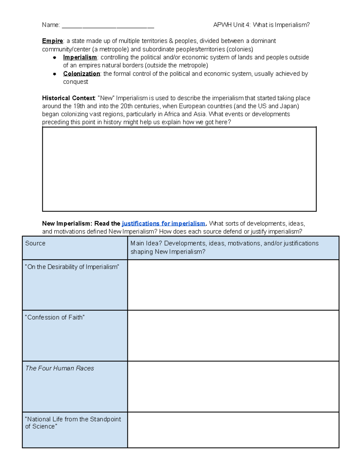 APWH Unit 4: Understanding Imperialism Worksheet Analysis - Studocu