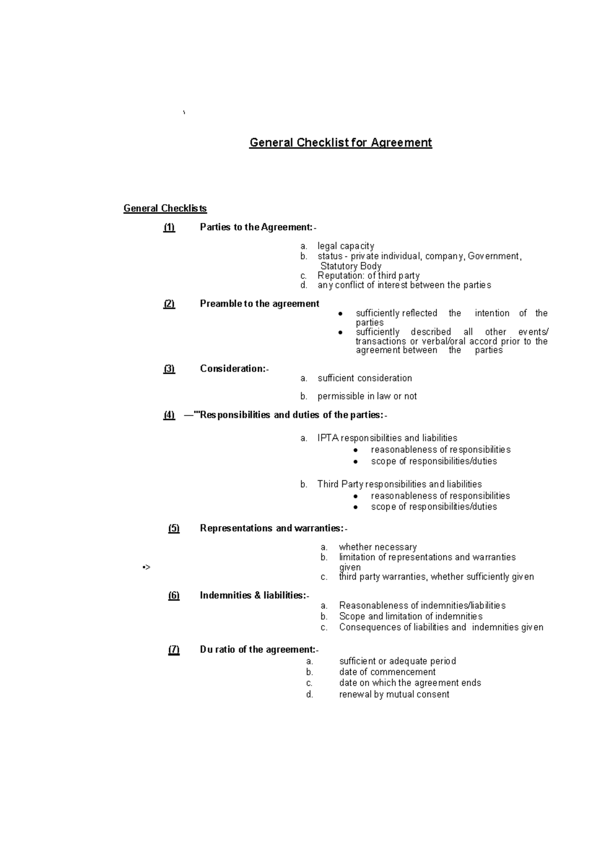 General Checklist for Agreement - General Checklist for Agreement ...