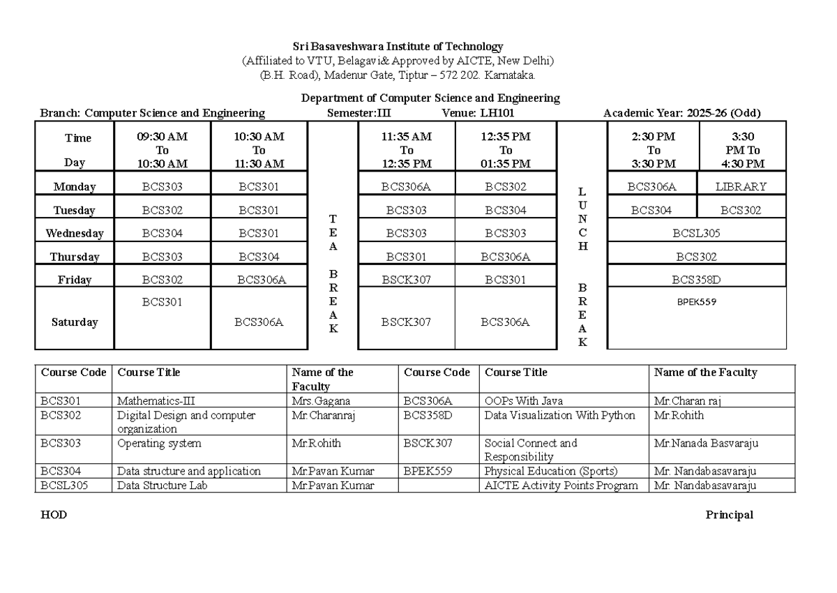 3rd Sem Time Table for CSE (BCS301, BCS302, BCS303, BCS304) - Studocu