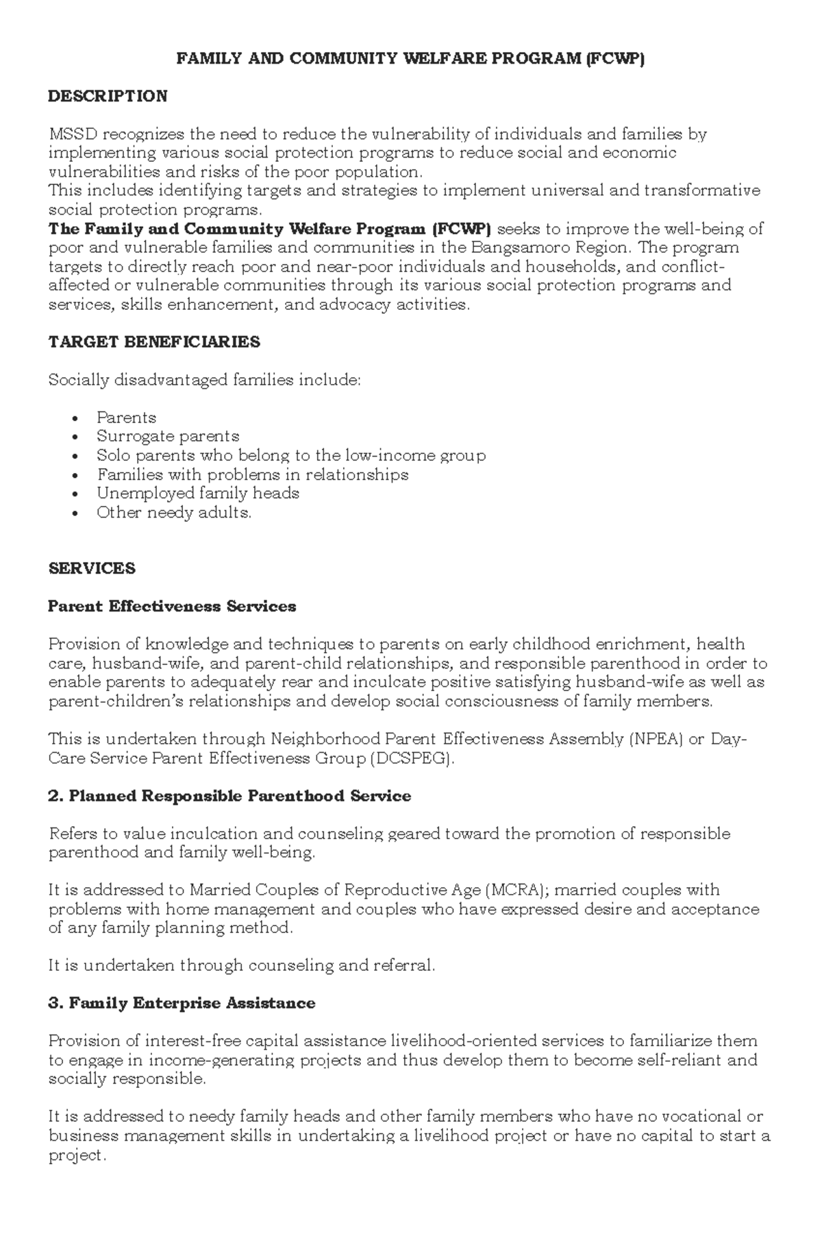 CA 1 - Overview of the Family and Community Welfare Program - Studocu