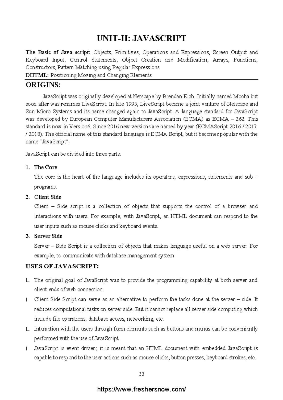 Jntuk R20 B.Tech CSE 3-2 MST Unit 2 Notes - 33 UNIT-II: JAVASCRIPT The ...