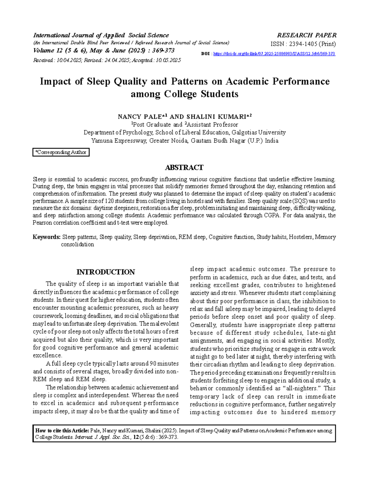 Impact of Sleep Quality on Academic Performance: A Study (IJASS 12 ...