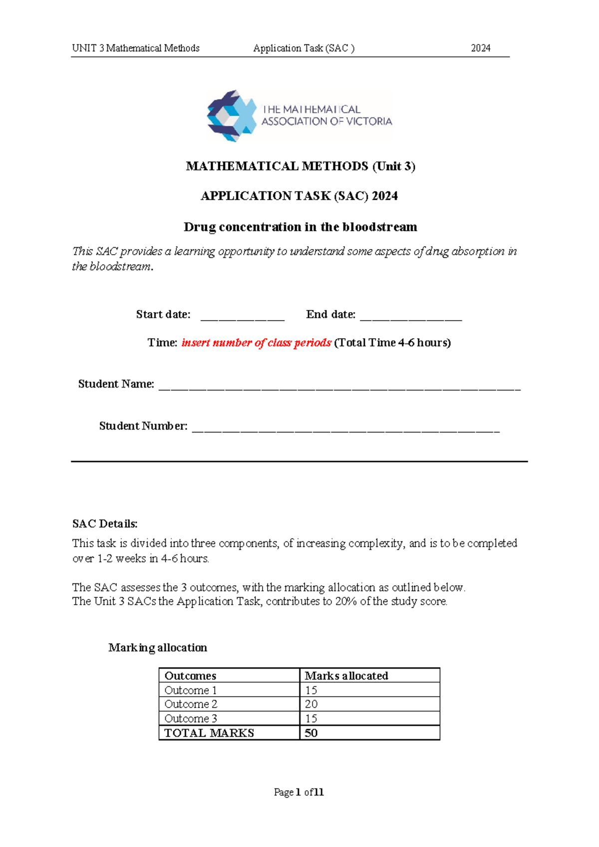 2024 MATHEMATICAL METHODS Unit 3 SAC: Drug Concentration Analysis - Studocu