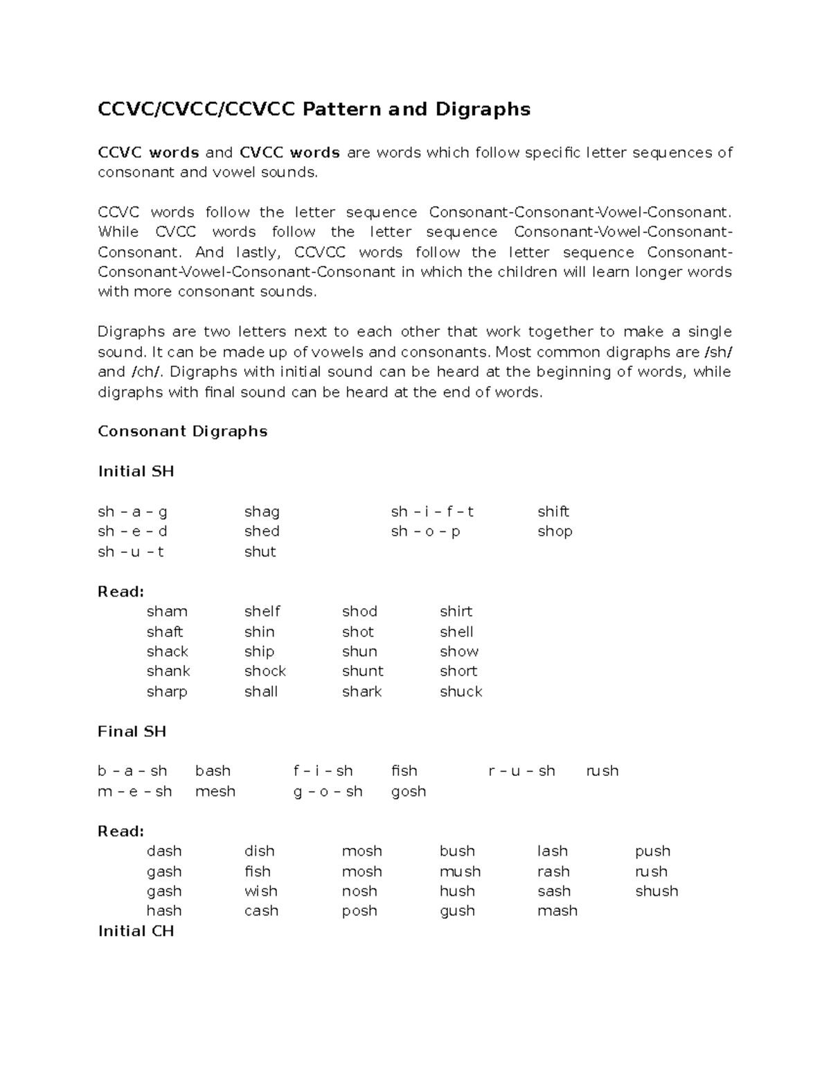 CCVC/CVCC Patterns & Consonant Digraphs: A Phonics Guide - Studocu