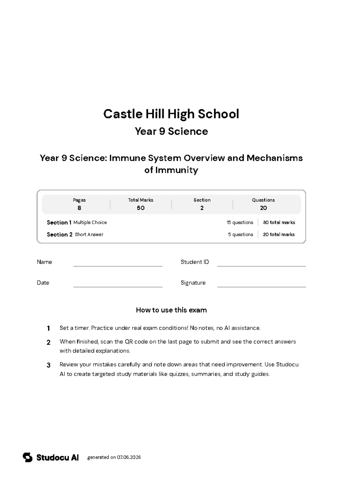 Year 9 Science: Immune System Exam - Studocu