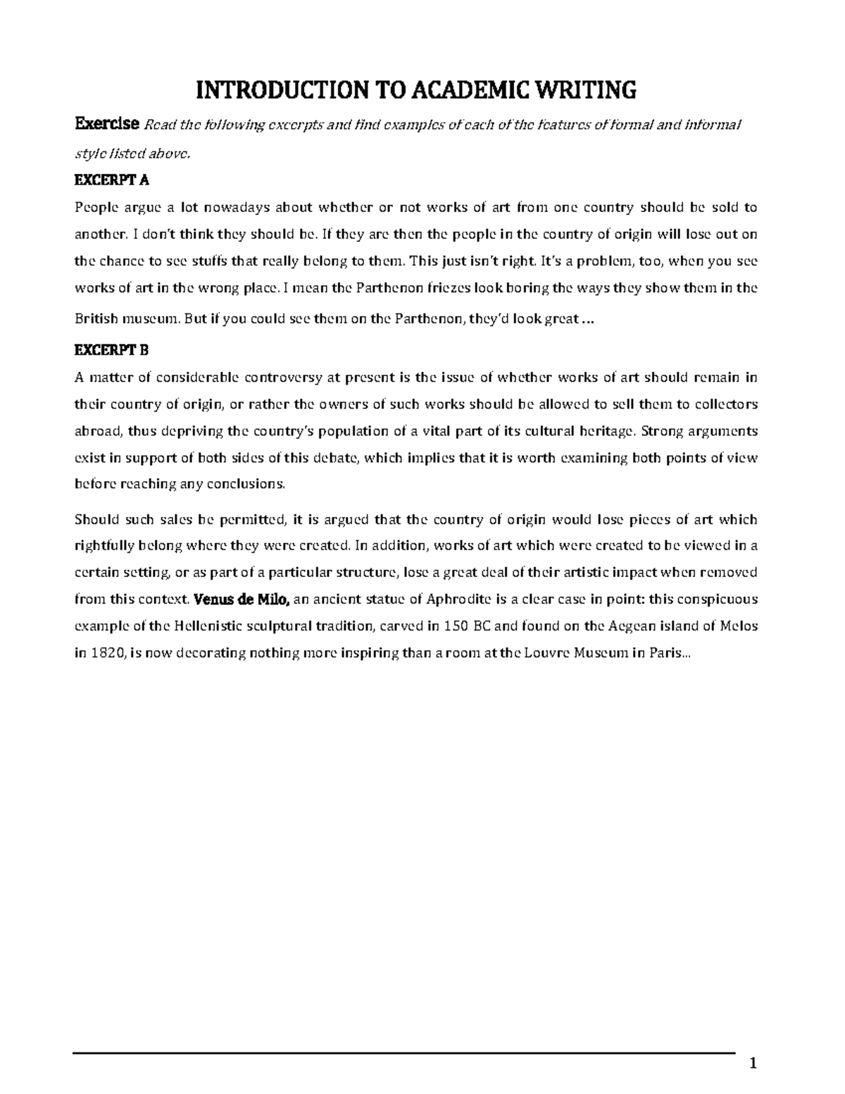 Formal AND Informal Writing, Intro handout - 1 INTRODUCTION TO ACADEMIC ...