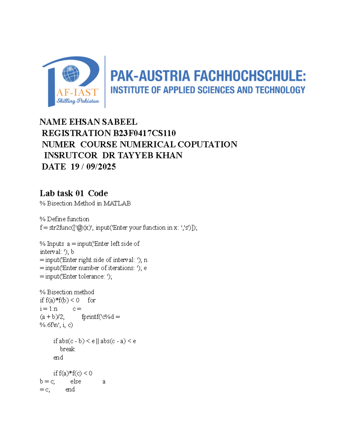 Lab Task 04: Numerical Computation in MATLAB (B23F0417CS110) - Studocu