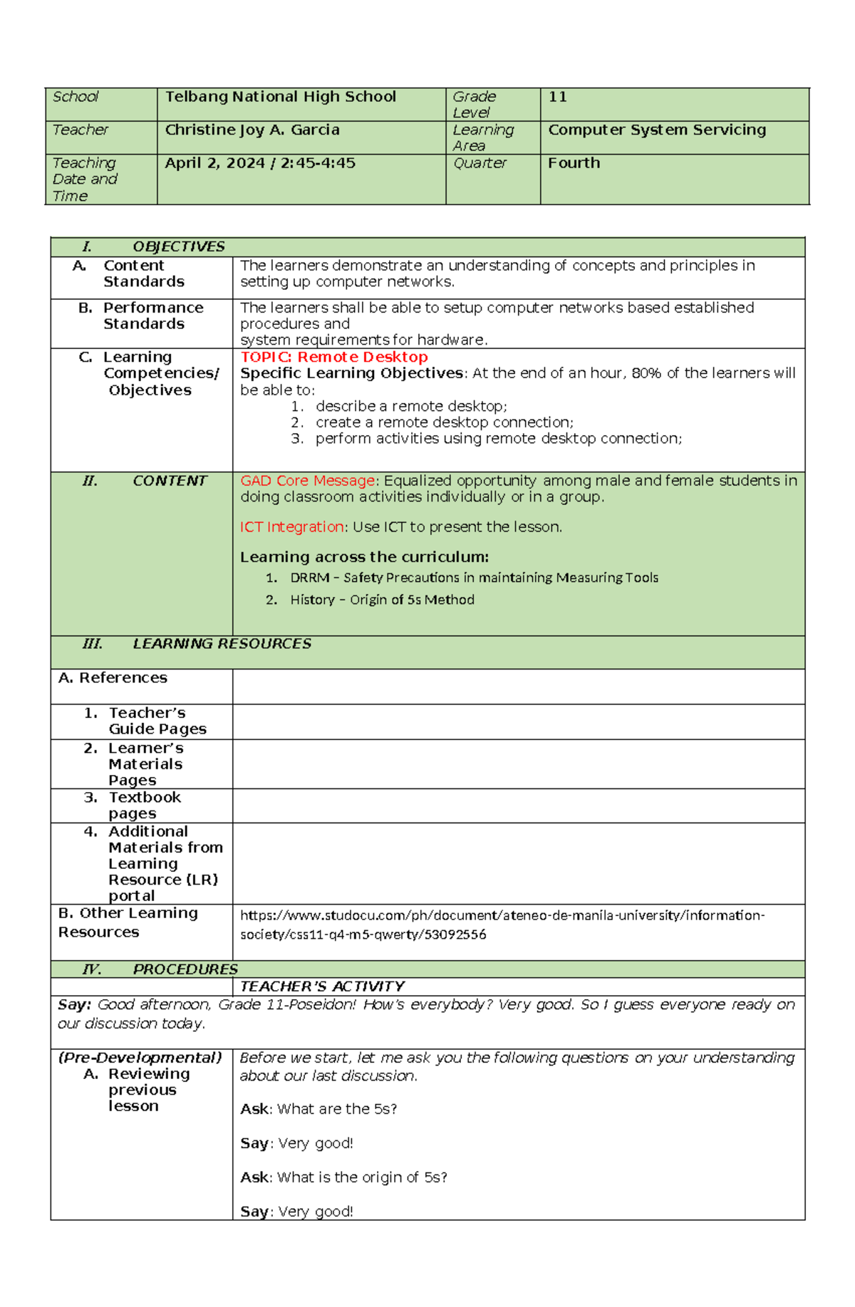 Remote Desktop Lesson Plan for Grade 11 Computer System Servicing - Studocu