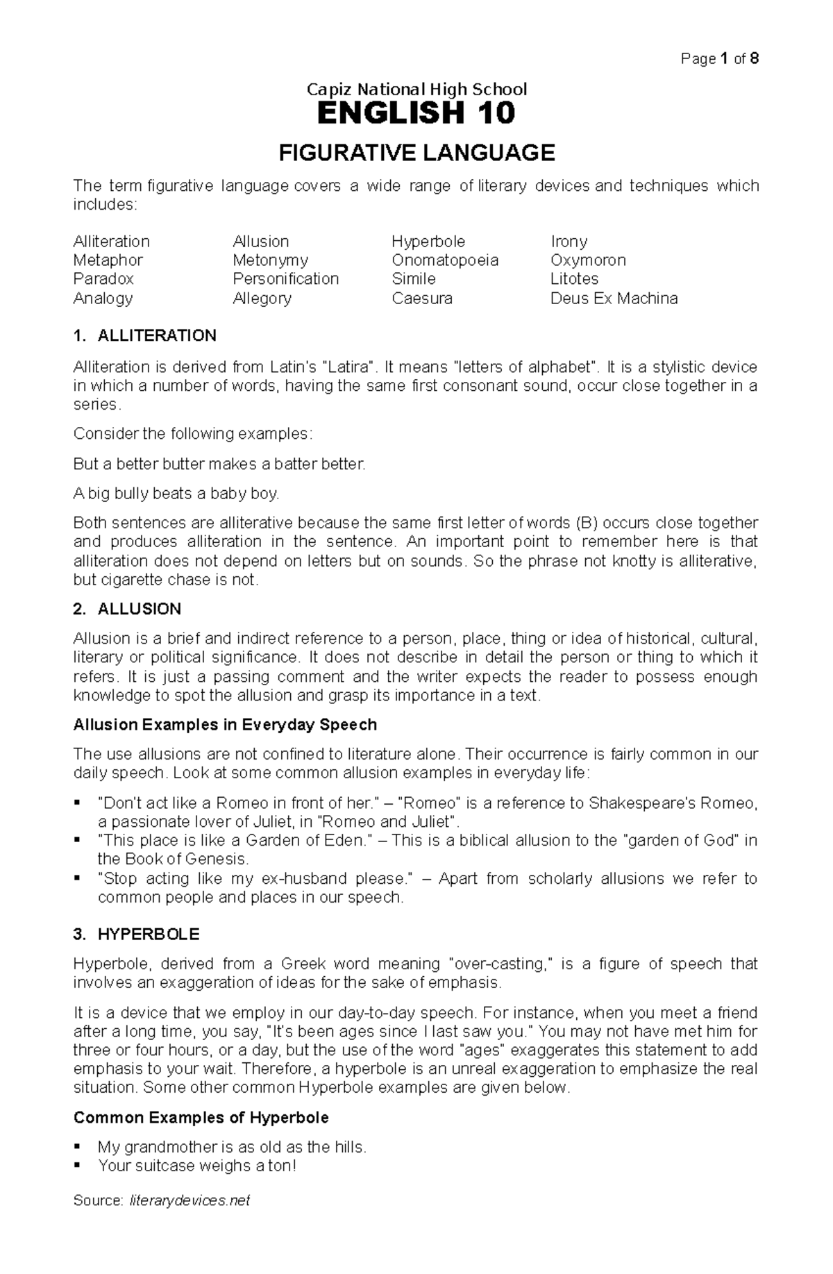 ENGLISH 10: Lecture Notes on Figurative Language Essentials - Studocu
