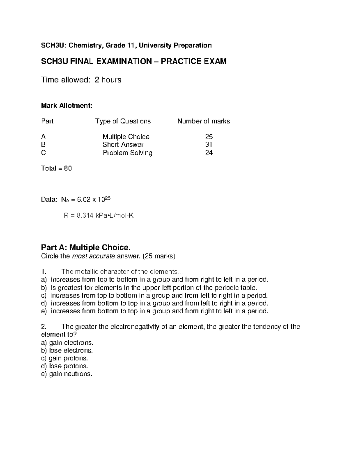 SCH3U Final Exam Practice Questions - Version 2 - Studocu