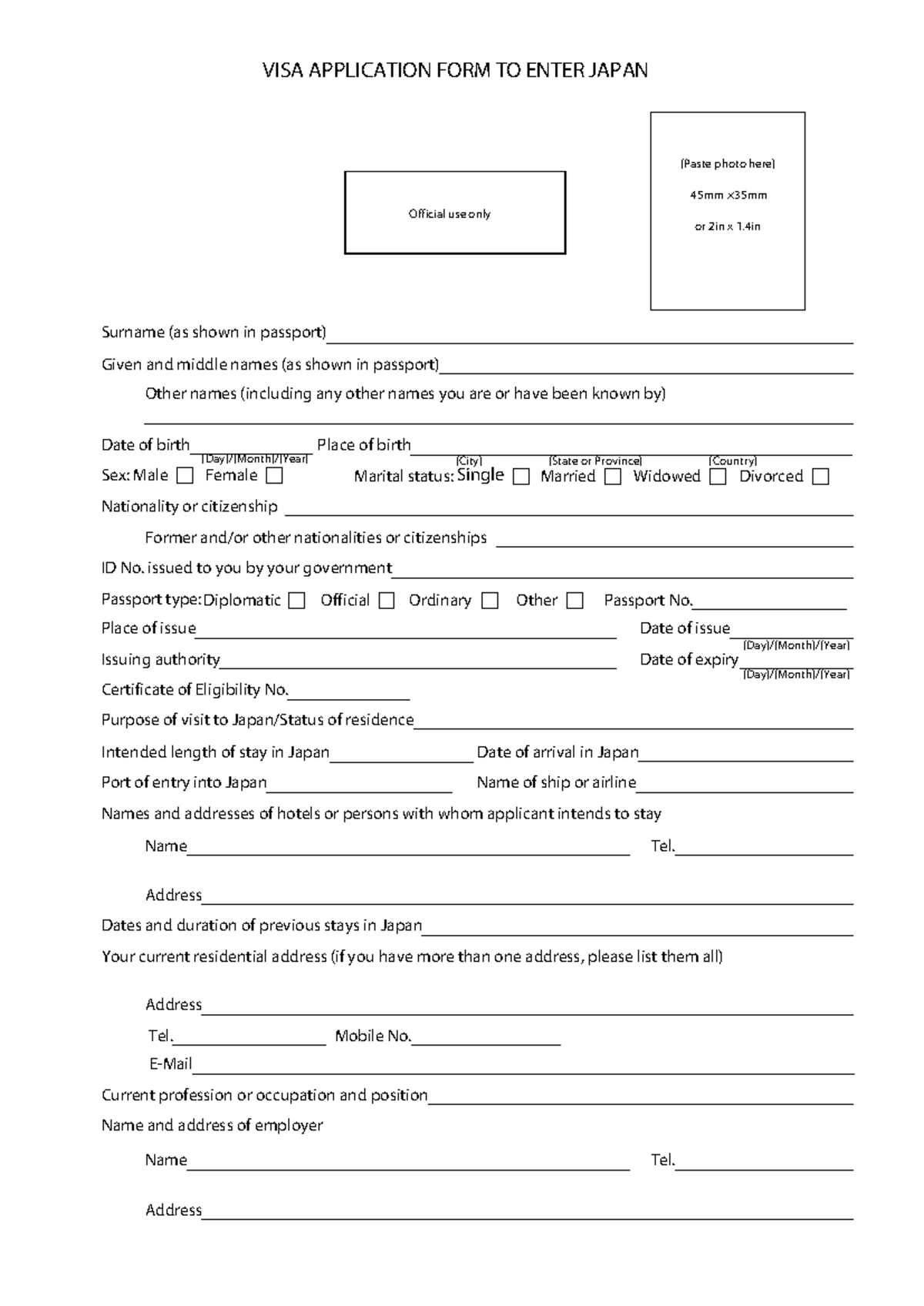 JPN Visa Application Form - Official Use Only - Studocu