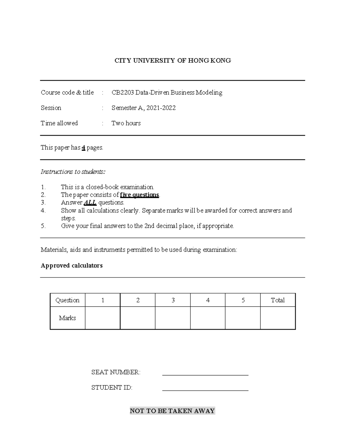 Past Paper CB2203 Data-Driven Business Modeling Exam 2021-2022 - Studocu