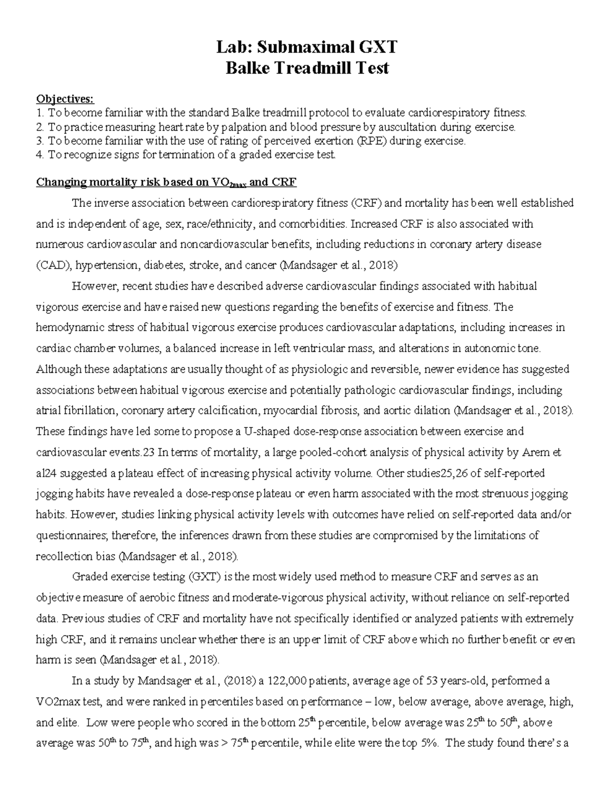 Lab: Balke Protocol Submaximal GXT Guidelines and Objectives - Studocu