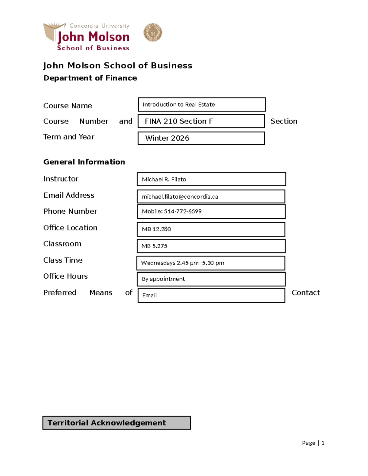 FINA 210 F: Introduction to Real Estate Course Outline - Winter 2026 ...