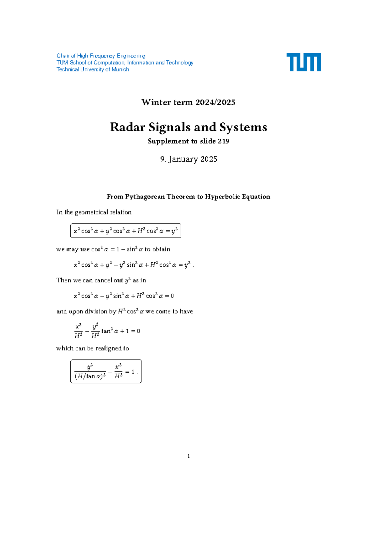 TUM Winter Term Radar Signals & Systems: Hyperbolic Equation Derivation ...