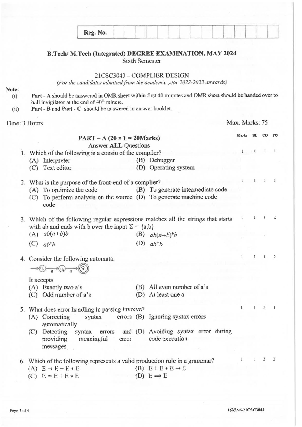21CSC304J - Compiler Design Previous Year Exam Paper (May 2024) - Studocu