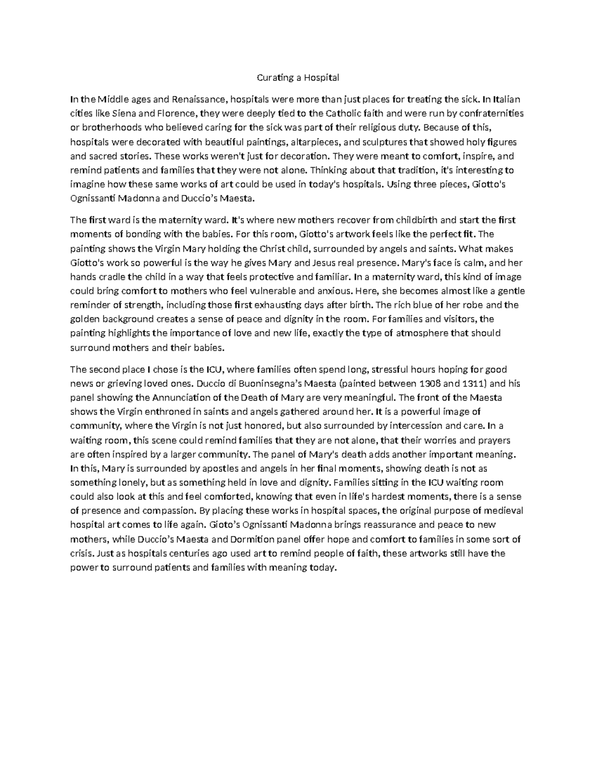 Curating a Hospital: Art's Role in Healing Spaces - Essay - Studocu