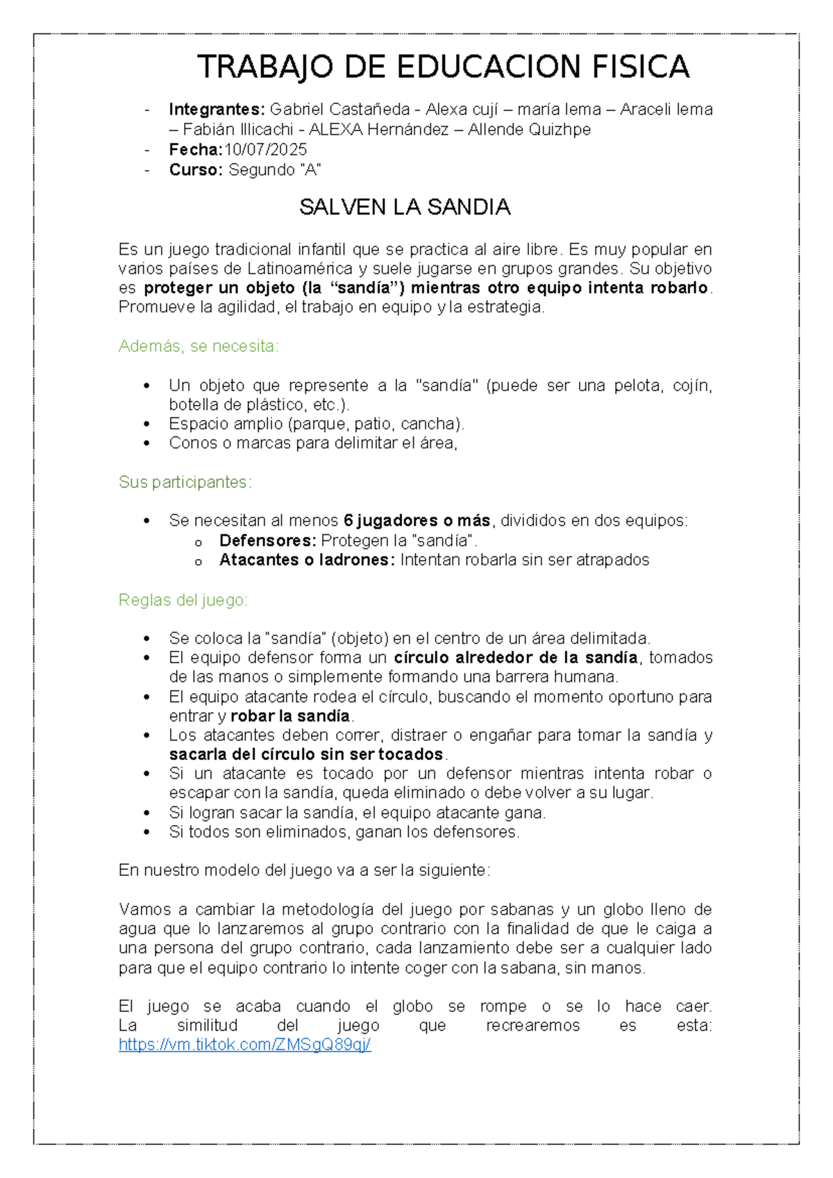 TRABAJO DE EDUCACION FISICA: SALVEN LA SANDIA - Juego Tradicional - Studocu