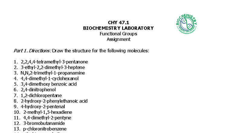 Functional Groups Assignment NOS - CHY 47. BIOCHEMISTRY LABORATORY ...