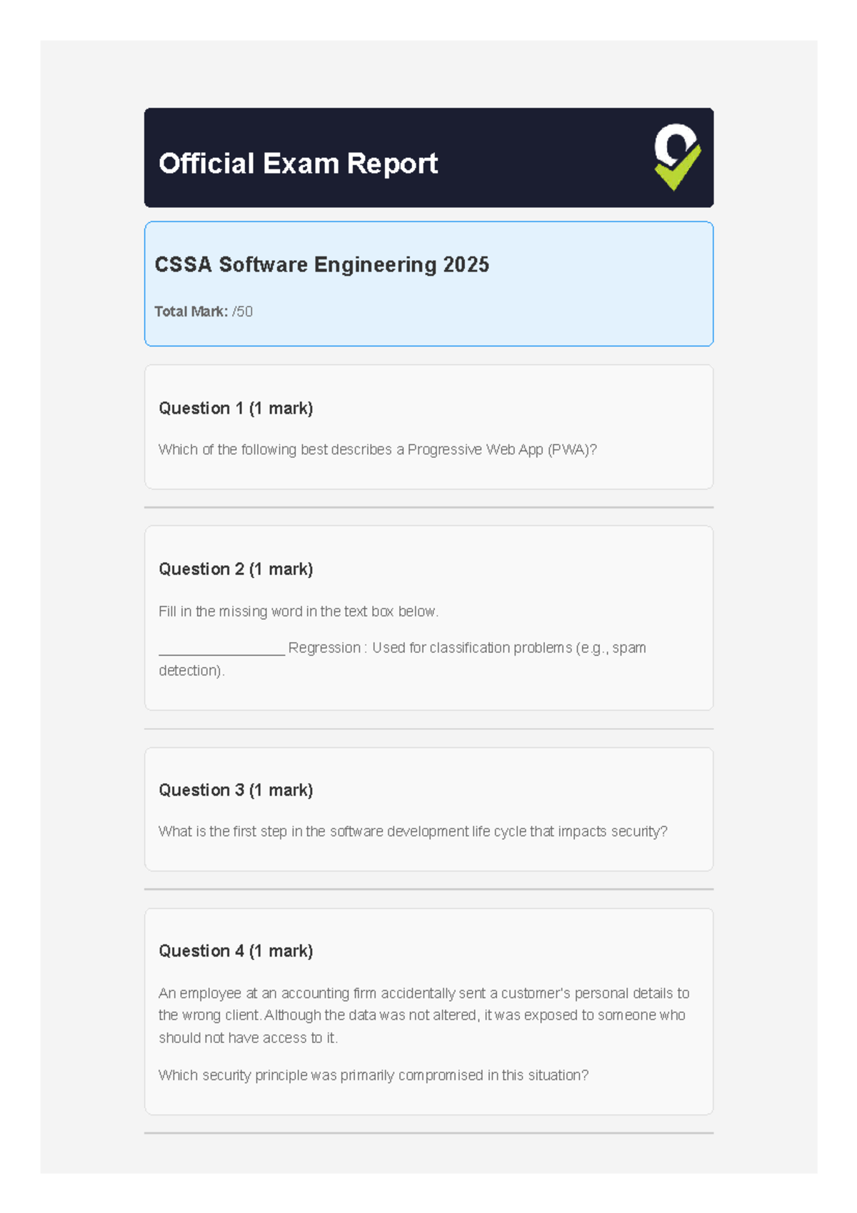 CSSA 2025 Official Exam Report: Software Engineering Questions - Studocu