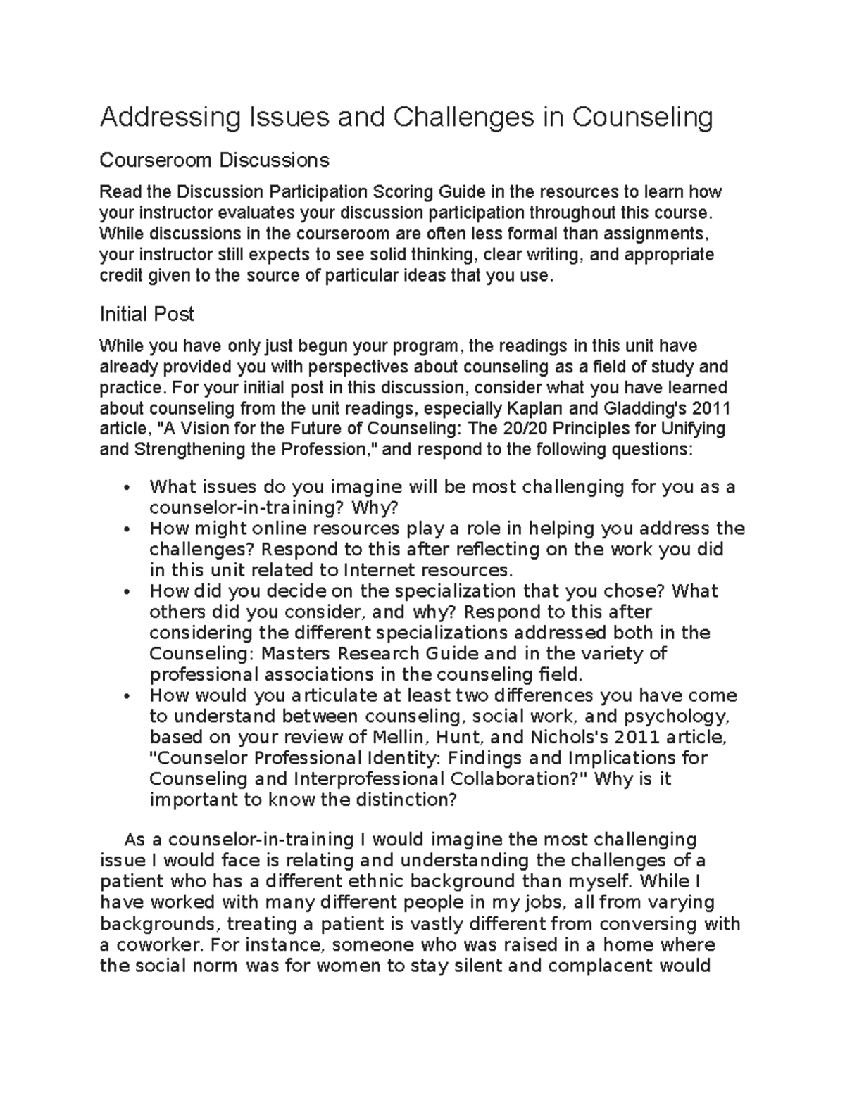 Unit 1 - Addressing Issues and Challenges in Counseling - Addressing ...