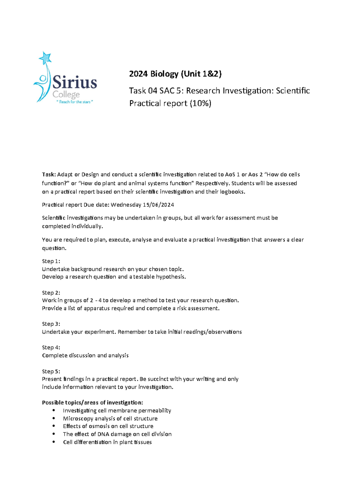 VCE Biology Unit 1 & 2 SAC 5: Research Investigation Practical Report ...