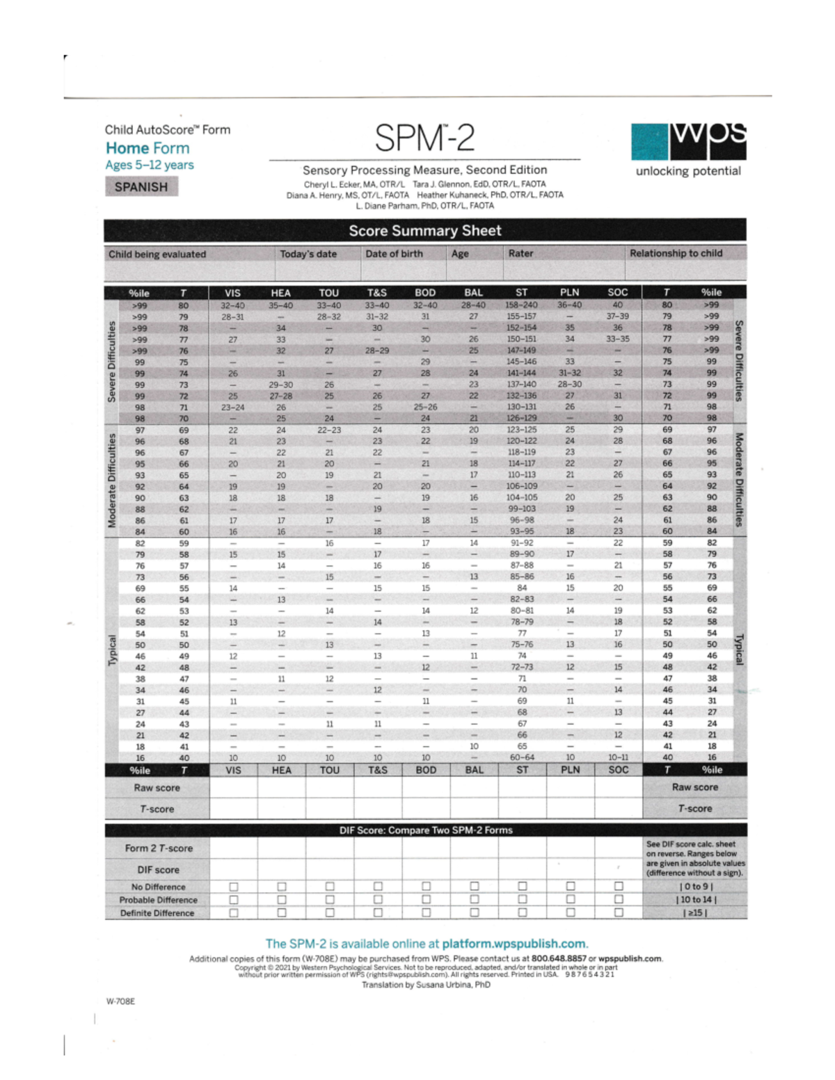 SPM-2 Child Home Form for Ages 5-12: Sensory Processing Assessment - Studocu