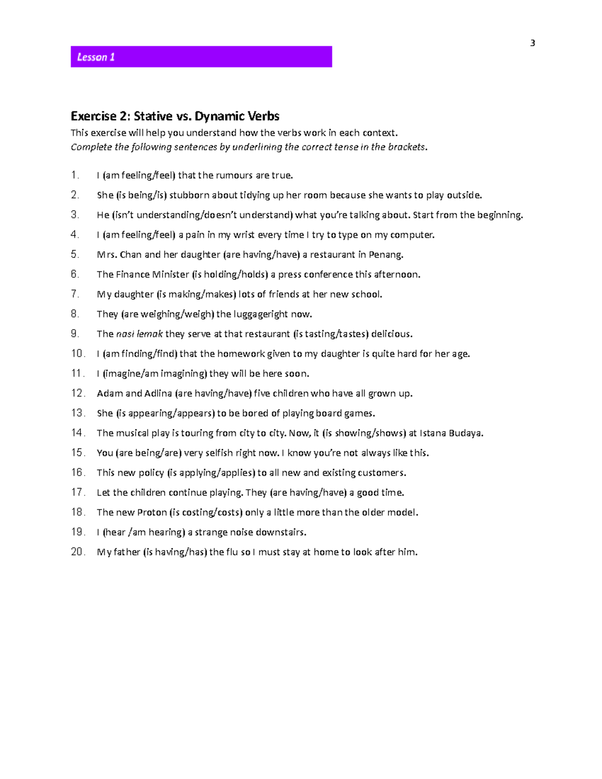 Stative vs. Dynamic Verbs Practice Exercise - Studocu