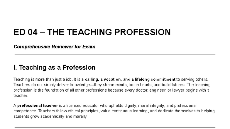 ED 04 THE TEACHING PROFESSION Comprehensive Reviewer for Exam I - Studocu