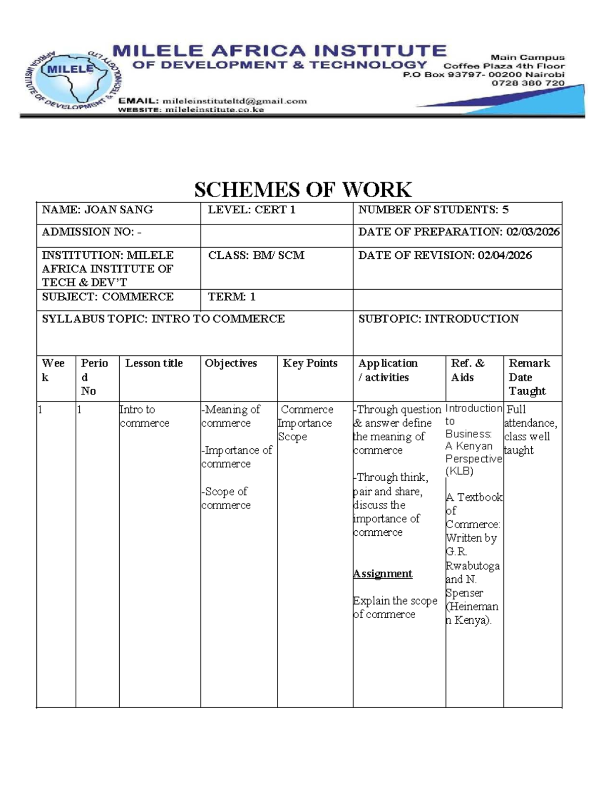 Schemes of Work: Commerce Cert 1 - Introduction & Production Topics ...