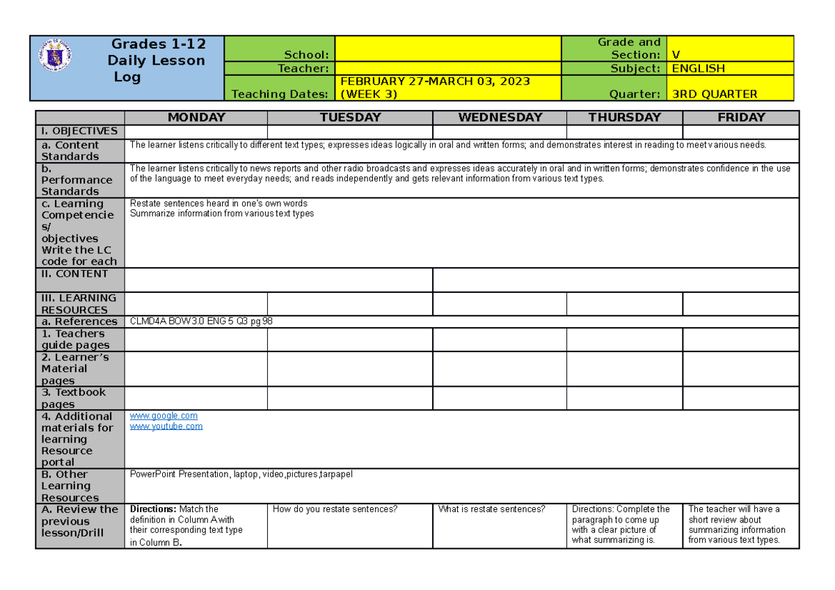 DLL English W3 Q3 - lesson plan - Grades 1- Daily Lesson Log School: Grade and Section: V ...