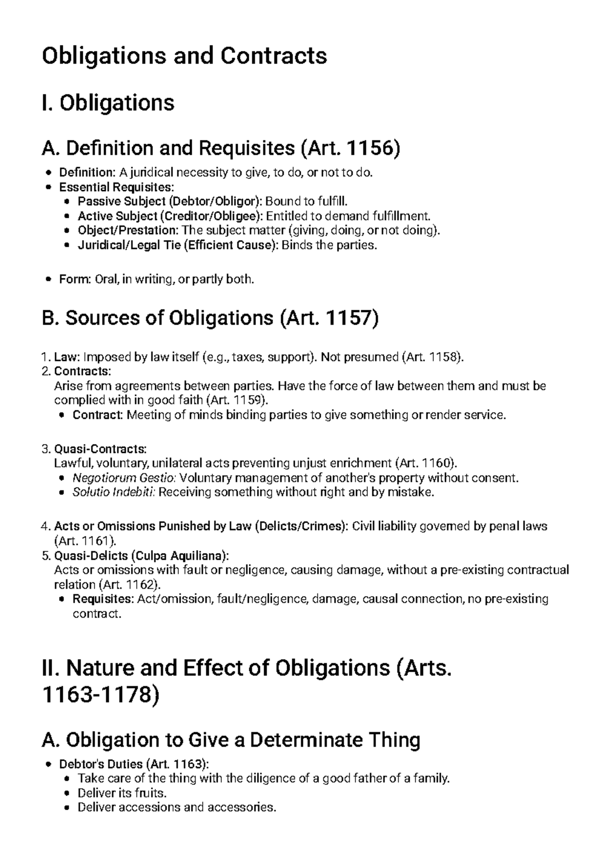 Obligations and Contracts I: Comprehensive Study Guide - Studocu