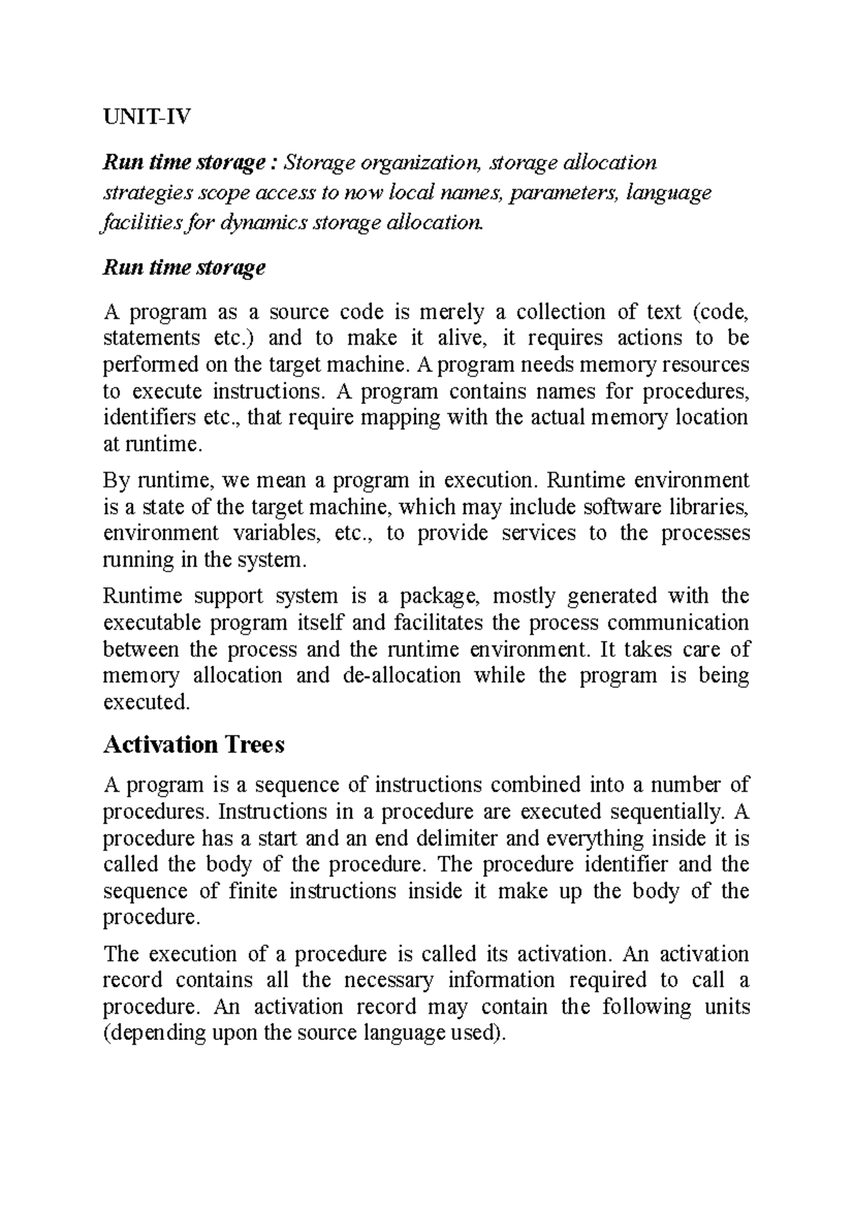 CD UNIT 4 Part 1 - Runtime Storage & Activation Trees Explained - Studocu