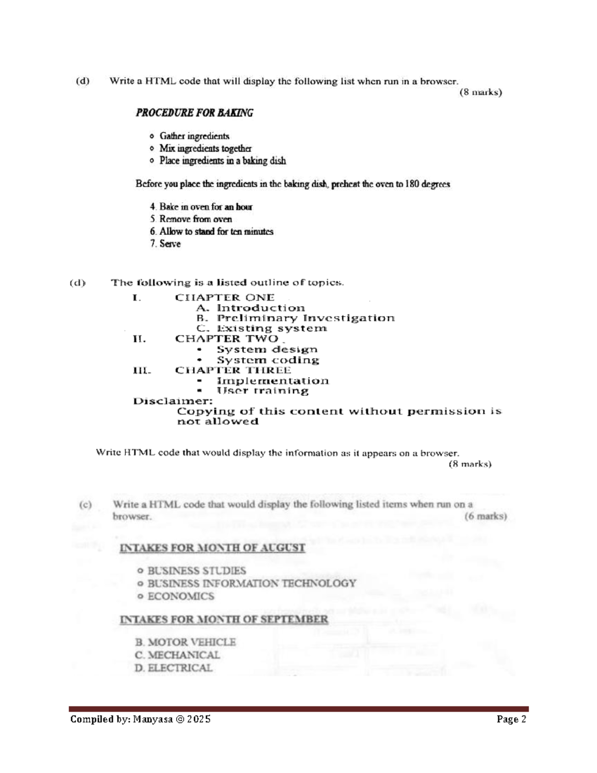 HTML Code for Displaying Baking Procedure and Course Intakes (QNS-2 ...