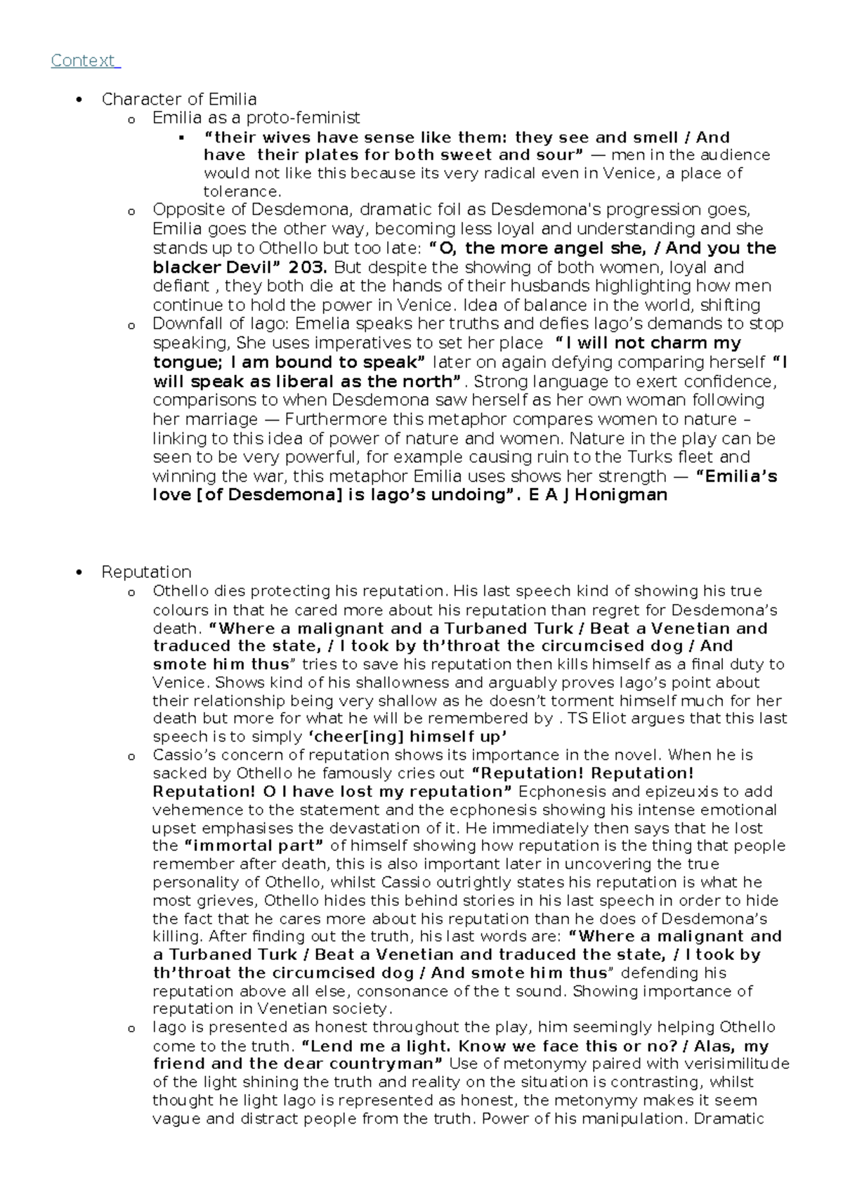 Othello Context Analysis: Feminism, Reputation, Love, and Chaos - Studocu