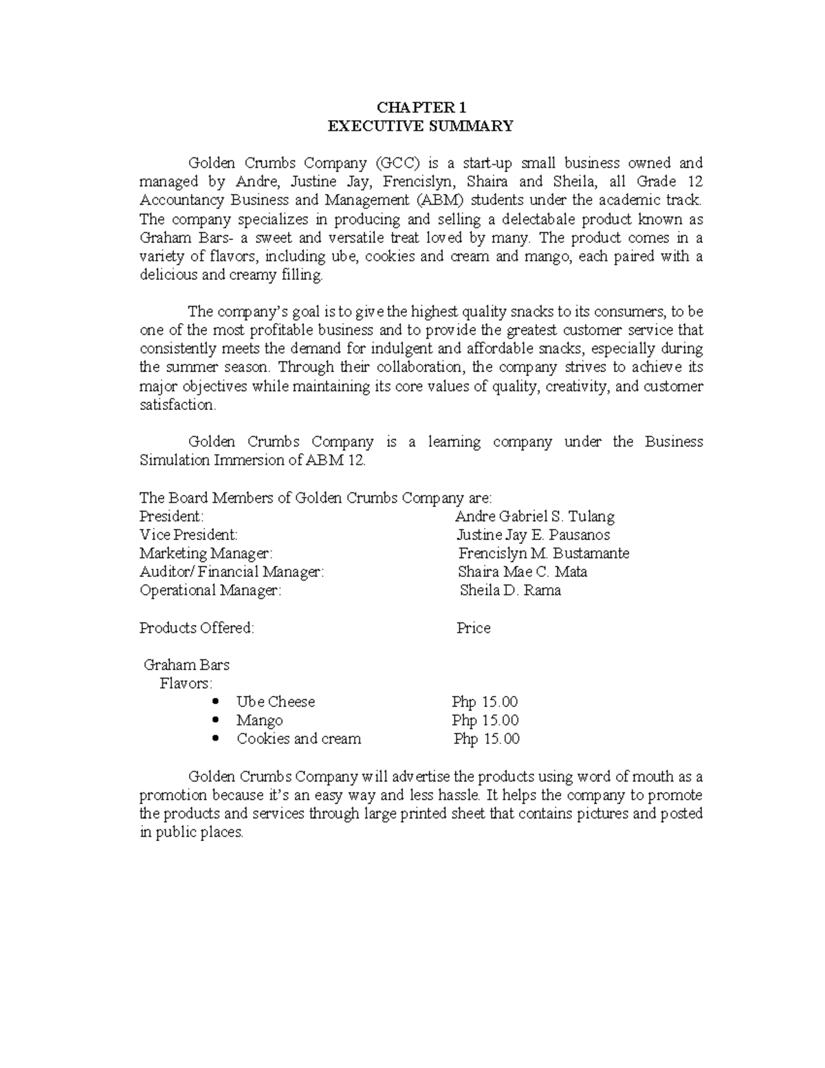 Business PLAN-1 - helpful - CHAPTER 1 EXECUTIVE SUMMARY Golden Crumbs ...
