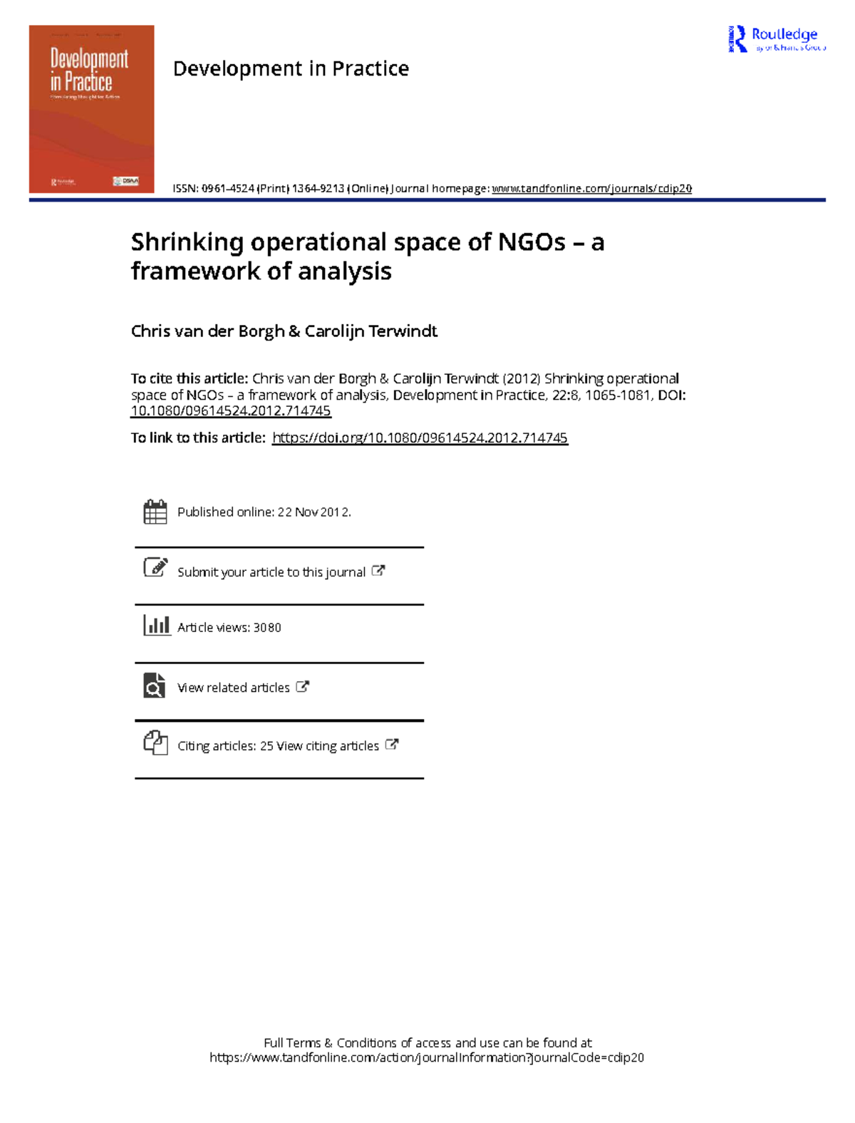 Shrinking Operational Space of NGOs: An Analytical Framework (DEV 22:8 ...
