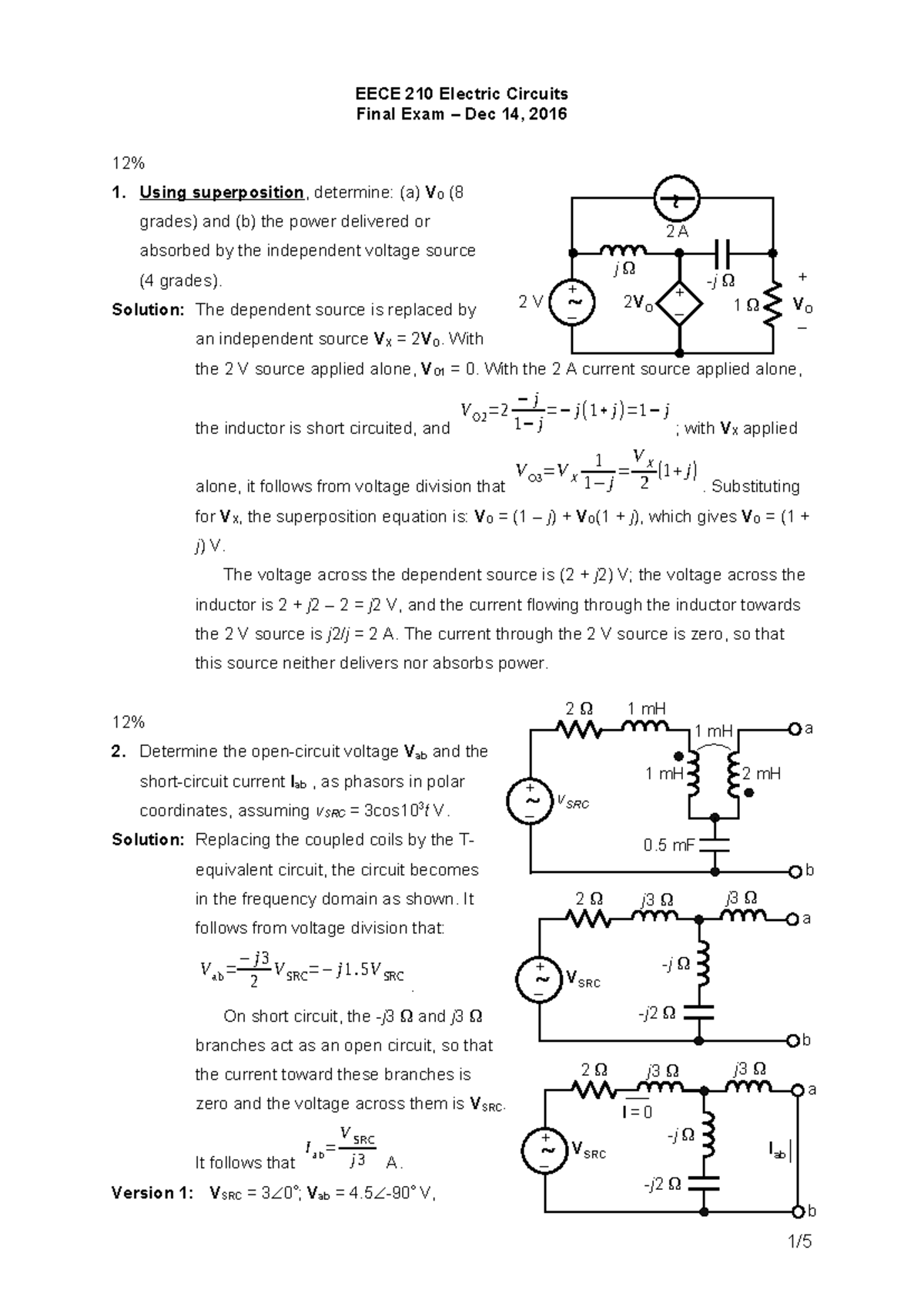 EECE 210 Electric Circuits Final Exam Solutions - Dec 2016 - Studocu