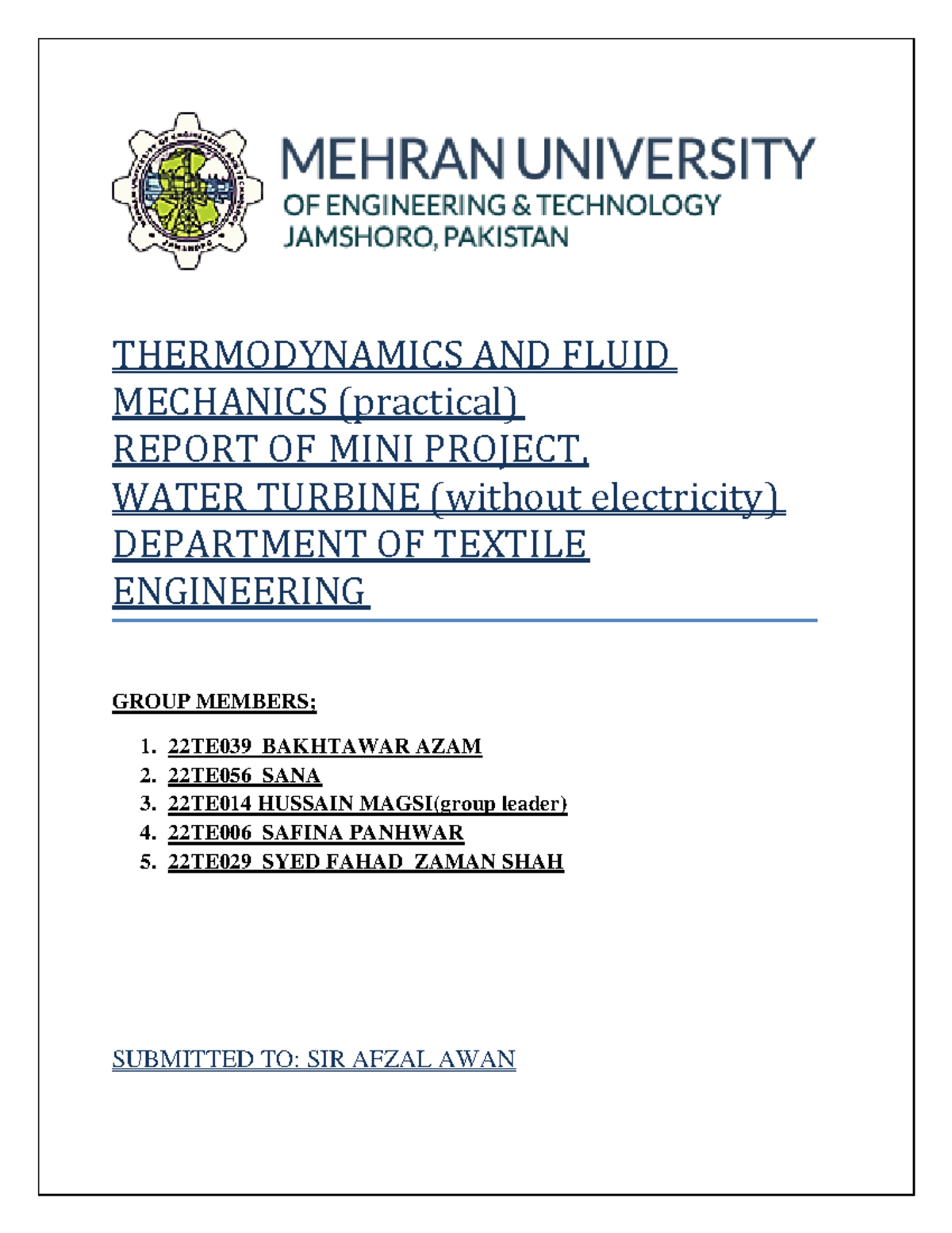 Mini Project Report on Water Turbine (Thermodynamics & Fluid Mech ...