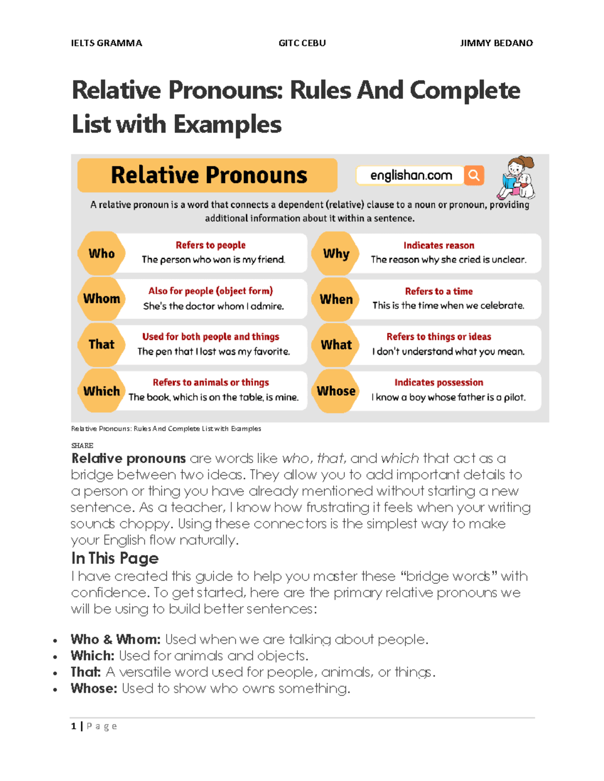 IELTS GRAMMA GITC CEBU JIMMY BEDANO: Mastering Relative Pronouns - Studocu