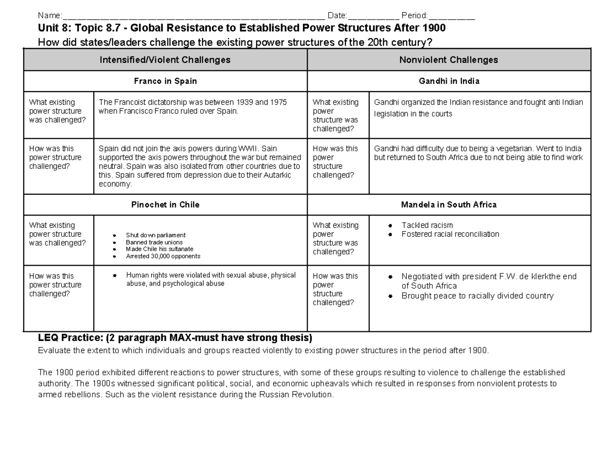 Unit 8.7: Global Resistance to Power Structures Post-1900 - Exam Review ...