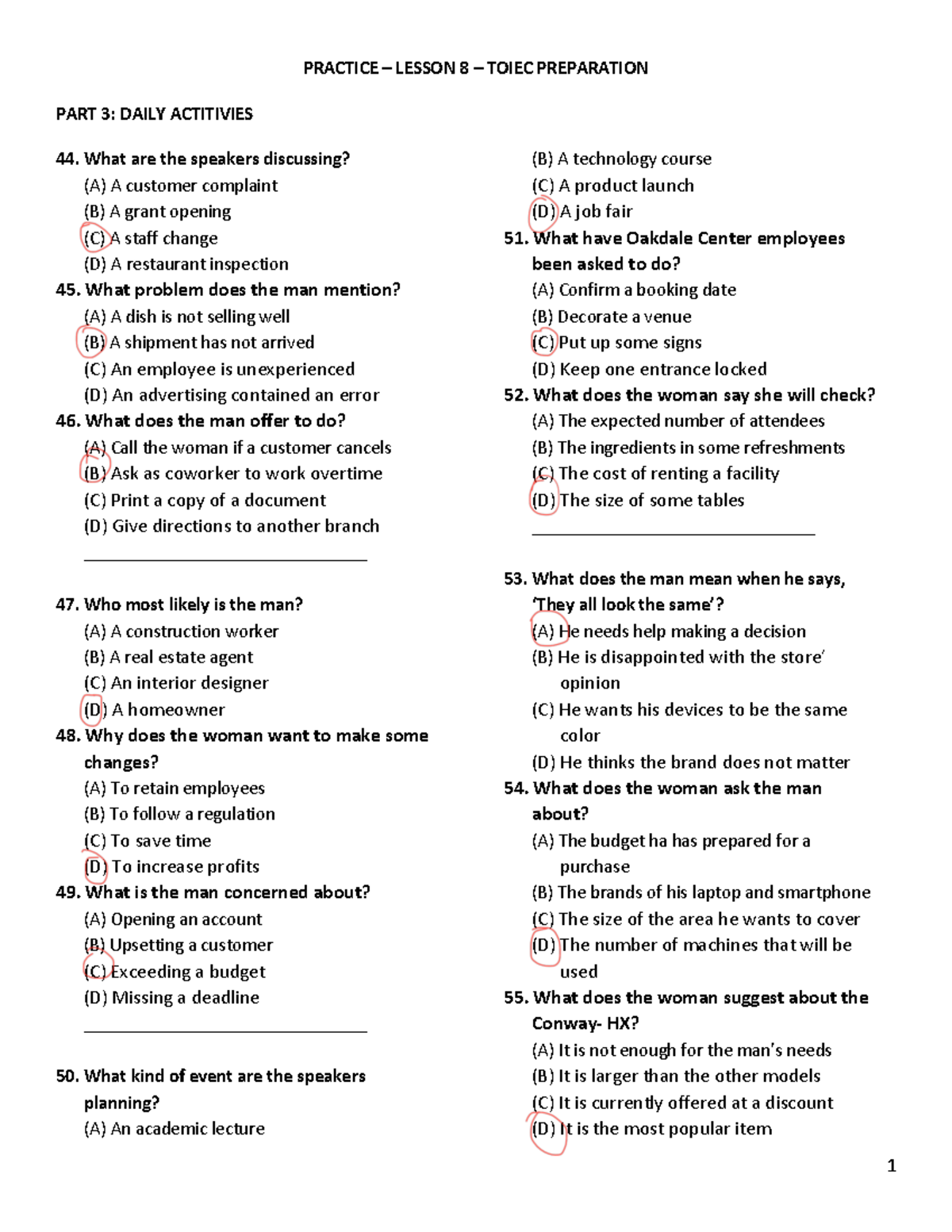 TOEIC Preparation - Lesson 8 Practice Test Insights - Studocu