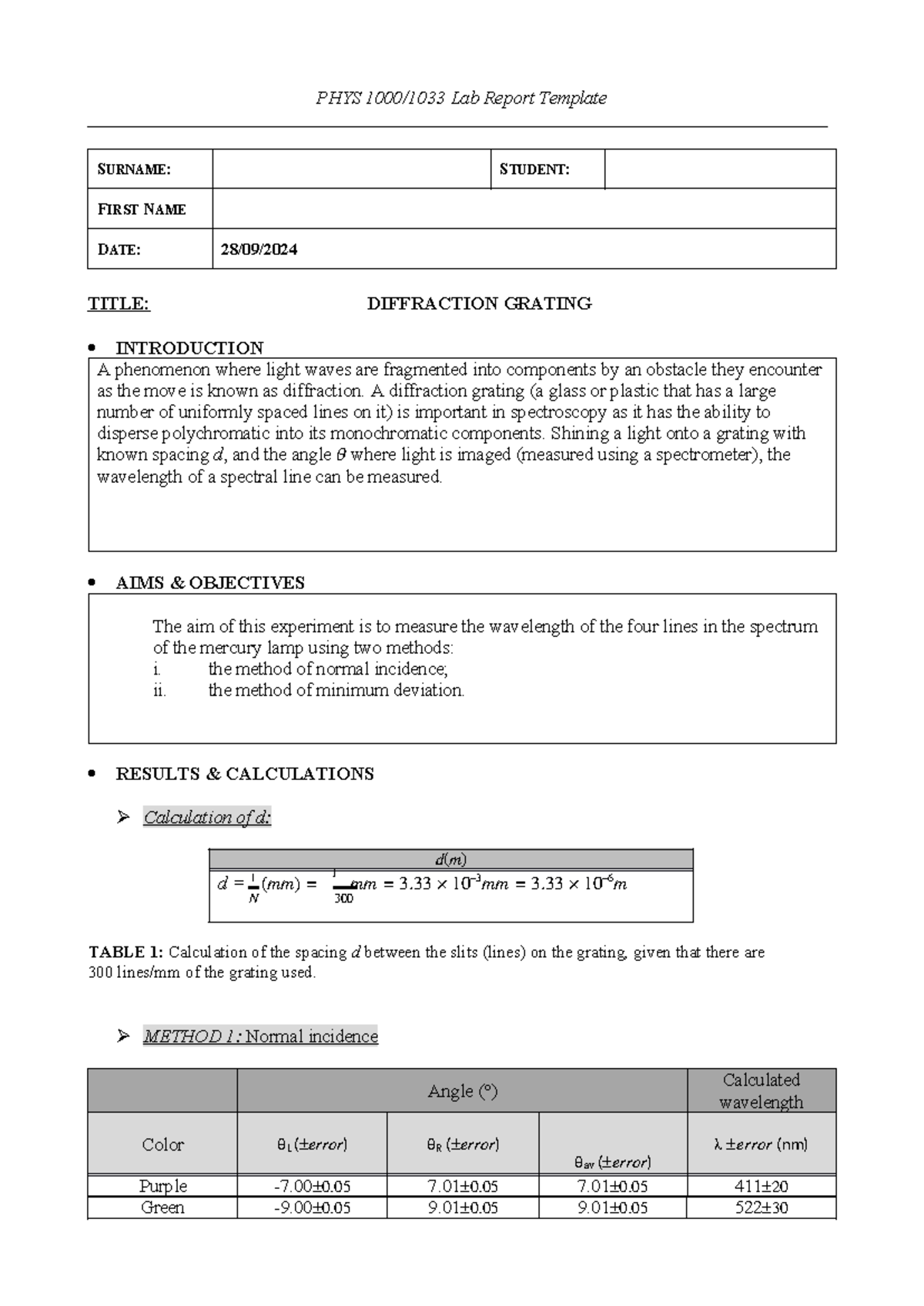 Exp07 - Diffraction Grating Lab Report: Wavelength Measurement - Studocu