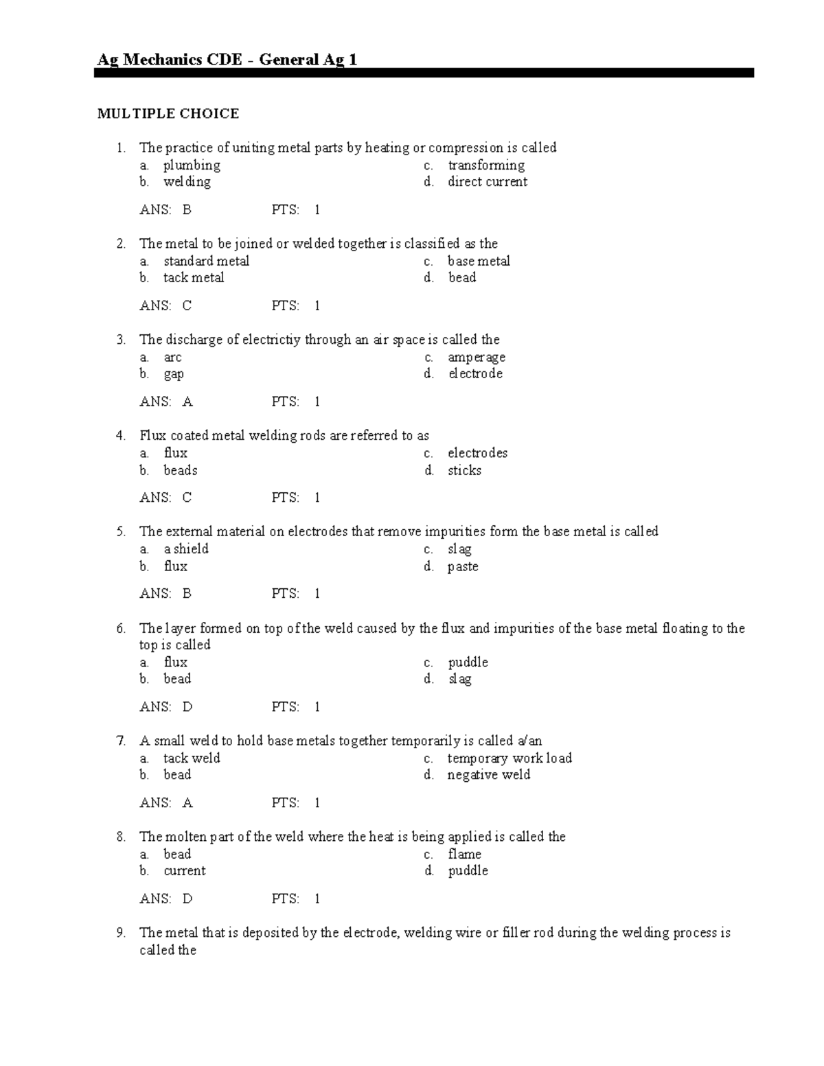 Ag Mechanics CDE General Ag 1 Test Bank: Multiple Choice Questions ...