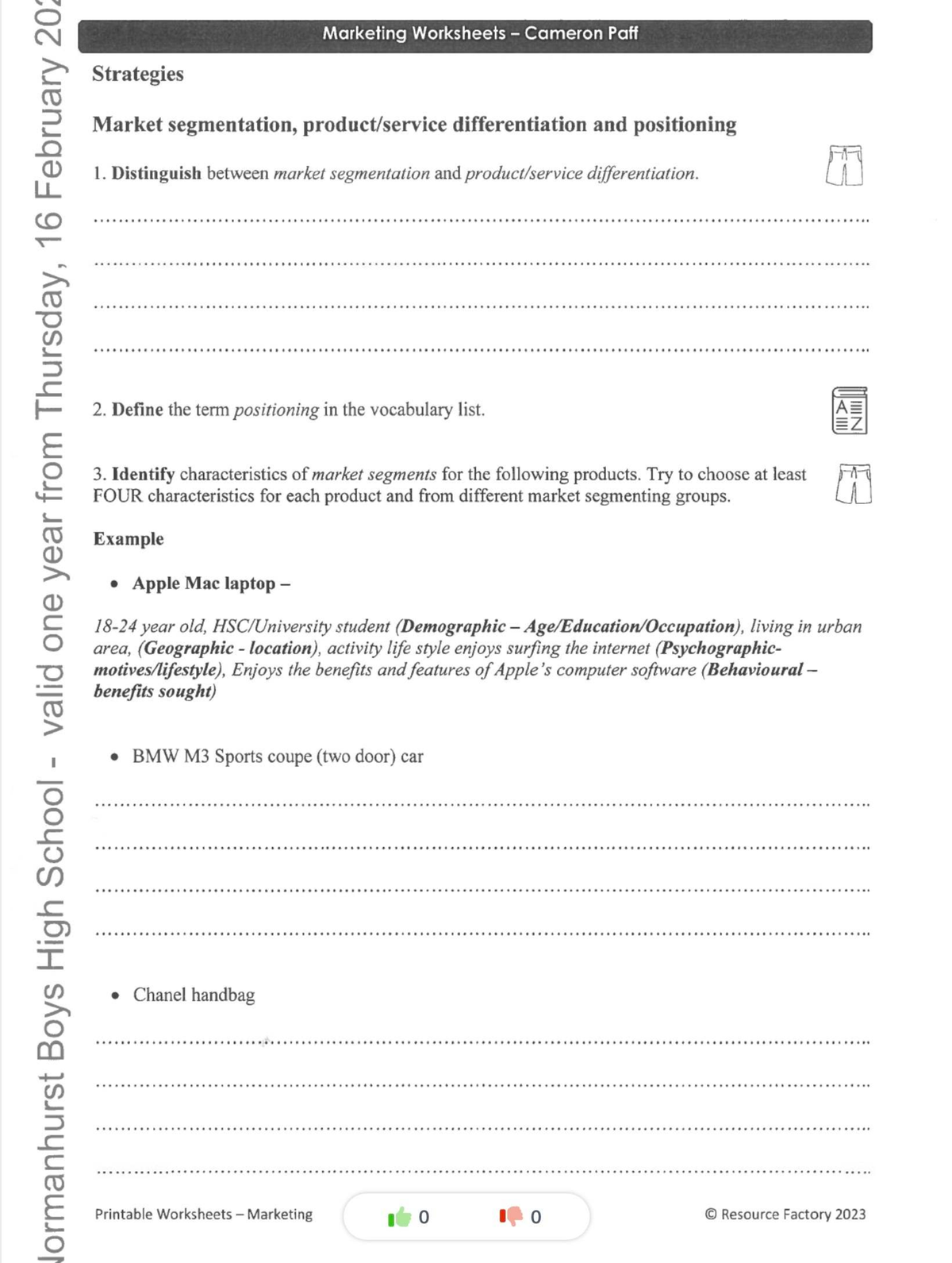 Marketing Worksheets: Segmentation, Differentiation & Positioning ...