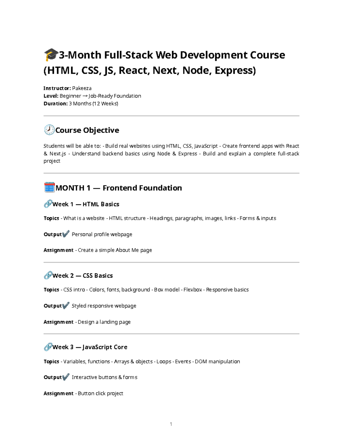 3-Month Full-Stack Web Dev Course (HTML, CSS, JS, React, Node) - Studocu