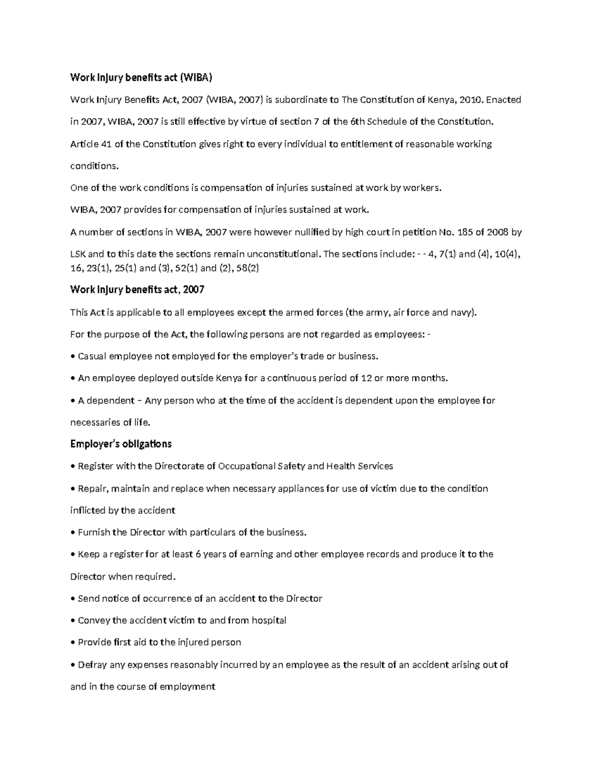 WIBA 2007: Overview of Work Injury Benefits Act in Kenya - Studocu
