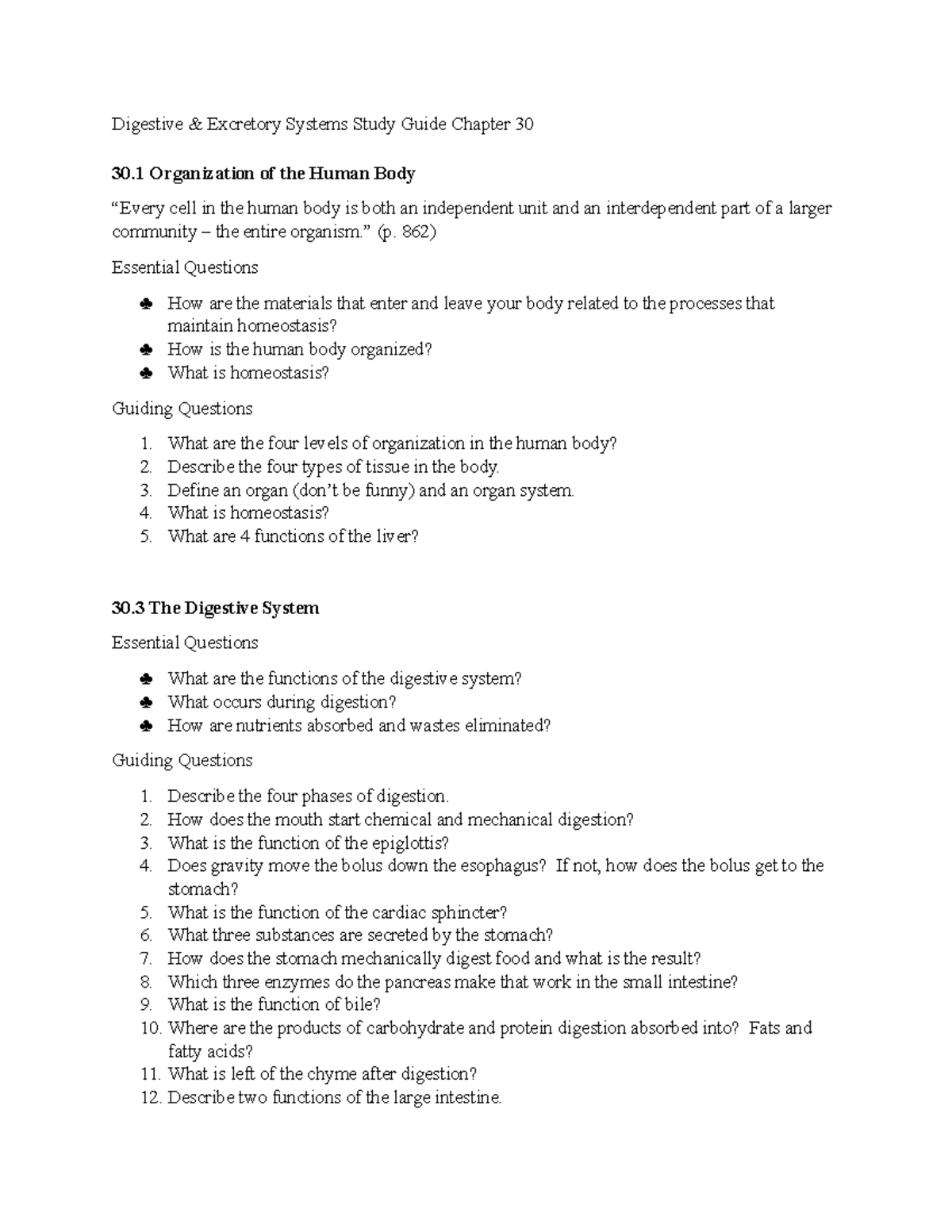 Digestive & Excretory Systems Study Guide: Chapter 30 Details ...