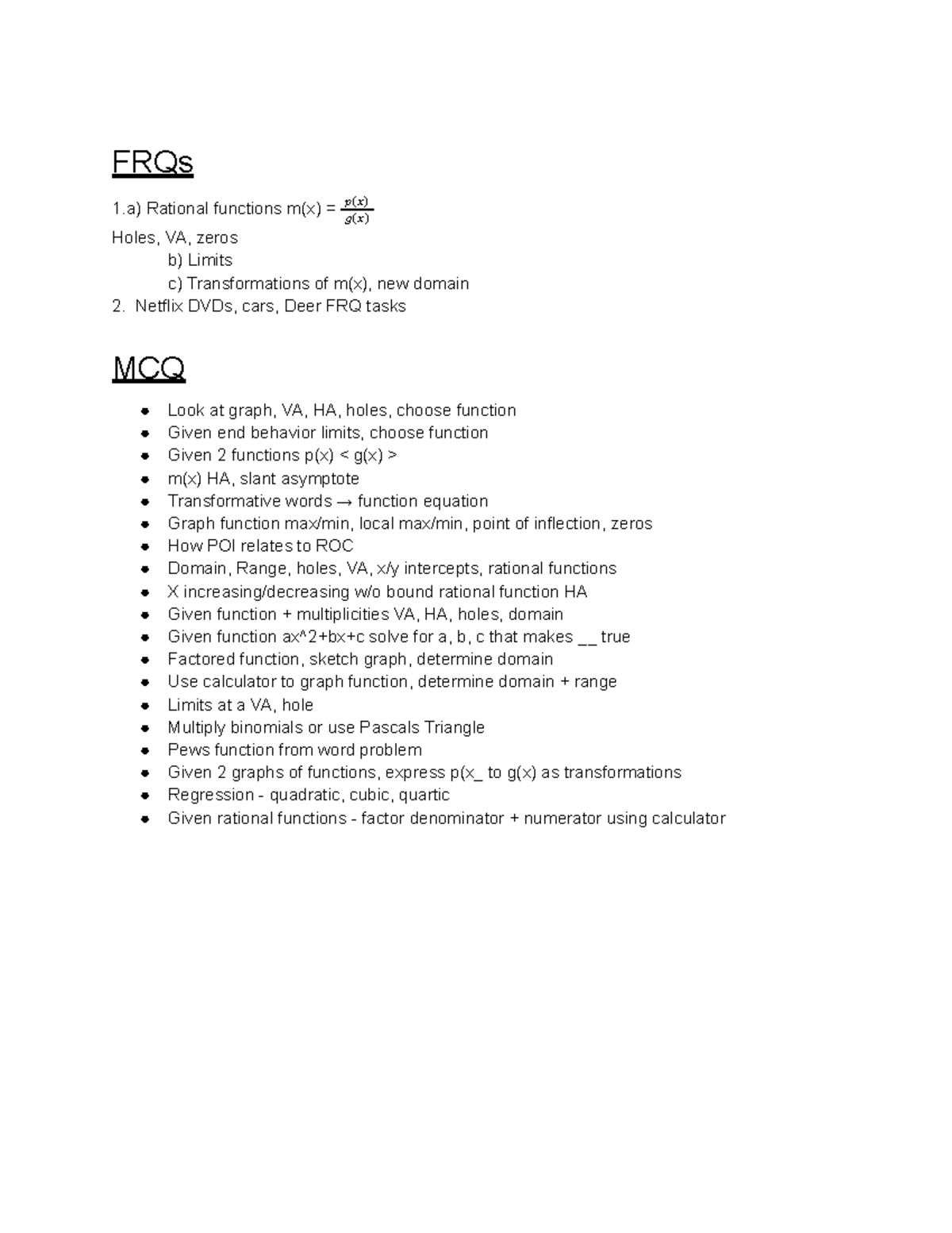 AP Precalc Unit 1 Study Guide: Rational Functions, Limits, and ...