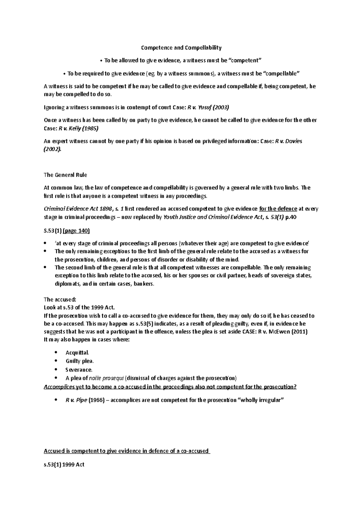 Competence and Compellability Long Notes - Competence and ...